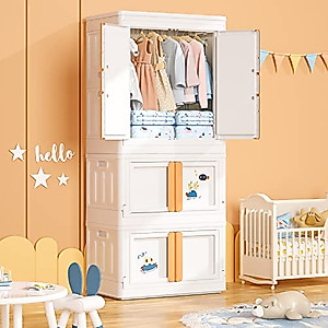 Storage Bins with Lids - Collapsible Storage Bins with Adjustable Shelf and Hanging Rod, Portable Closet Storage Cabinet with Wheels, Stackable Storage Bins for Bedroom Clothes Storage Organizer