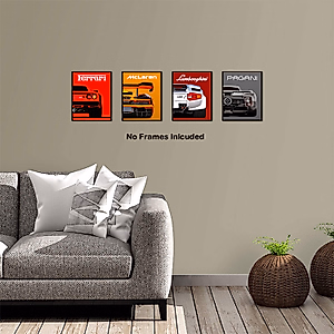 Modern Car Posters Classic Supercar Wall Art Prints, Cool Racing Ferrari Lamborghini McLaren Pagani Canvas Posters for Man Cave Boys Room Wall Decor, Sports Car Art Prints, Set of 4 (8"x10" Unframed)