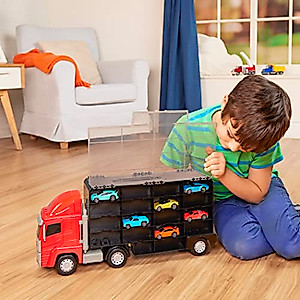 Driven by Battat – Toy Truck Car Carrier — Truck Toy with 34 Storage Space – 10 Pull Back Cars Included – Detachable Trailer – Gift Toy Car for Boys & Girls & Toddlers Aged 3+