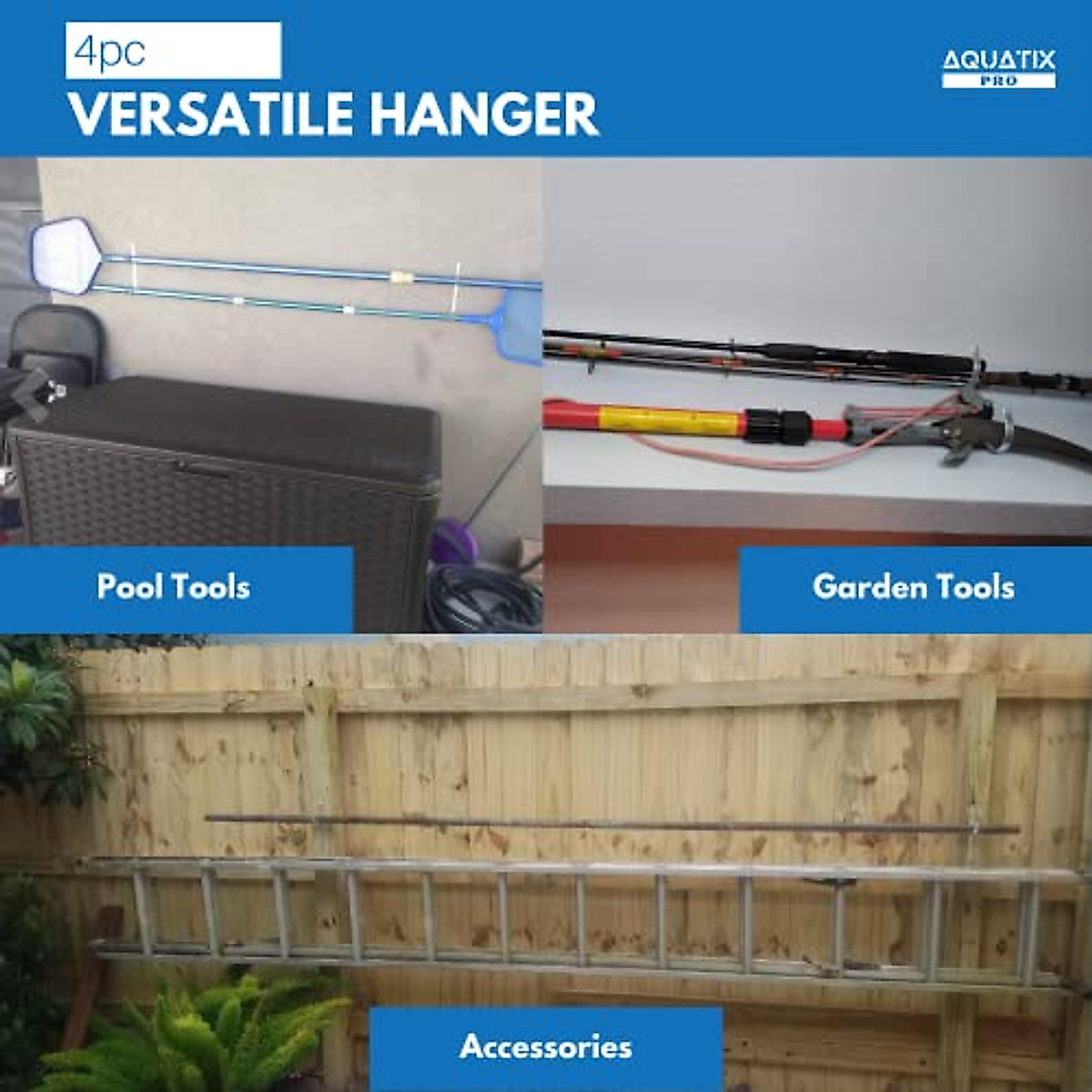 Aquatix Pro Pool Pole Hanger Premium 4pc Aluminium Holder Set, Ideal Hooks for Telescopic Poles, Skimmers, Leaf Rakes, Nets, Brushes, Vacuum Hose, Garden Tools and Swimming Pool Accessories