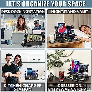 Black Extra Large Wood Phone Docking Station - Nightstand Organizer for Men & Women, iPad Stand For Desk, Tablet Stand Holder, Apple Watch Compatible, Holds Phones, Tablets, Keys, Glasses, EDC & more