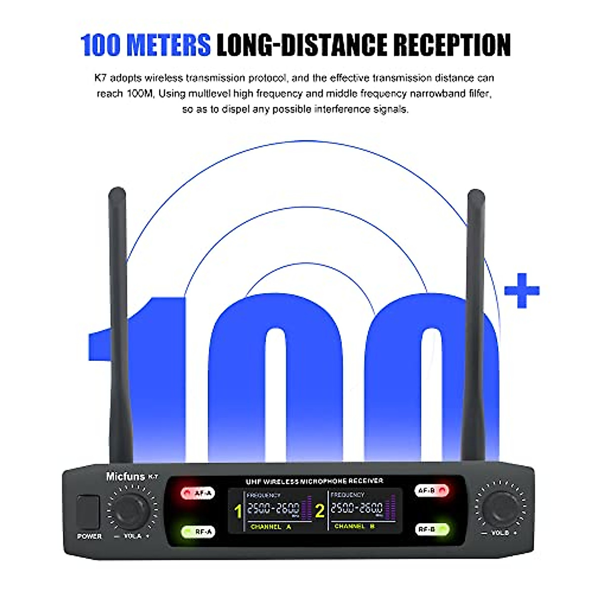 micfuns K7 Professional Wireless 2 Handheld VHF 230-250 MHZ Microphone System 100m distand for Karaoke,Party, Speech
