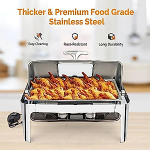 ROVSUN 9 QT Stainless Steel Chafing Dish Buffet Set with Electric & Fuel Heating,Roll Top Catering Chafer Server with Full Size & 2 Detachable Food Pans, Glass Lid for Party Wedding Banquet