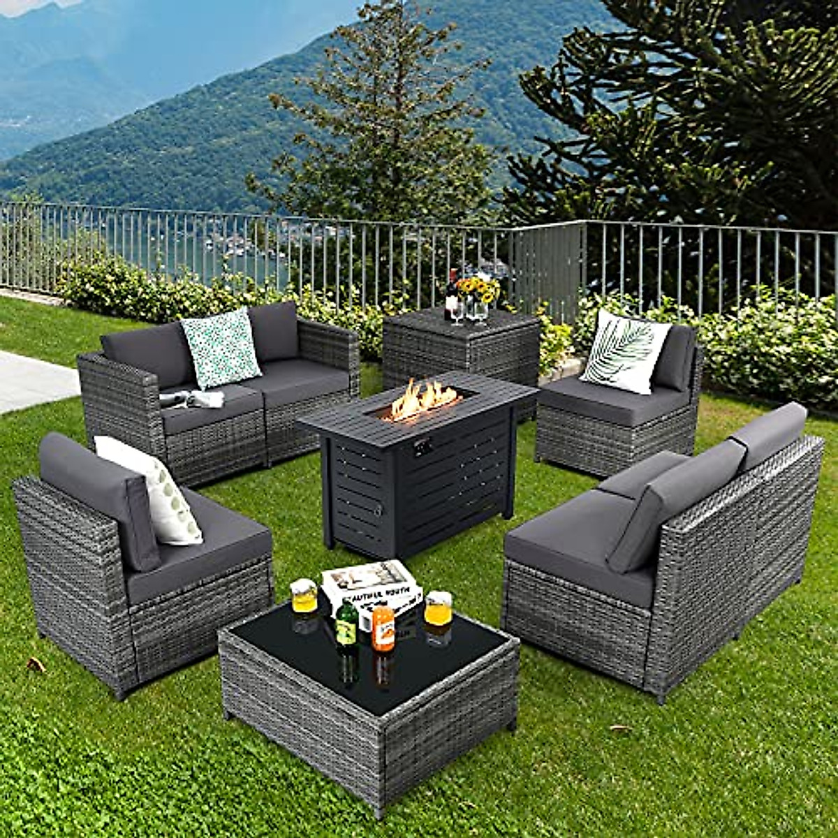 Tangkula 9 Pieces Patio Rattan Furniture Set, Patiojoy Sectional Sofa Set w/Fire Pit Table, Storage Box, Coffee Table, Outdoor Wicker Conversation Set w/ 42” Propane Fire Pit Table (Grey)