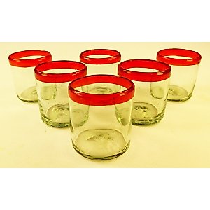 Mexican Glass Red Rim, Hand Blown, 7 Oz (6)