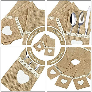 KAISIDA 10 Pcs Burlap Lace Utensil Cutlery Holders Cutlery Pouch Knifes Forks Bag for Vintage Natural Wedding Bridal Shower Tableware Christmas Party (4x8inch, Heart)