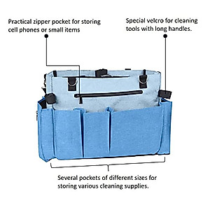Hauzbara Cleaning Bag Large, Cleaner Caddy Organizer with Shoulder, Cleaning Tote for Cleaning Supplies, Wearable Cleaning Carry Caddy for Cleaning Products, Spray Bottles, Light Blue