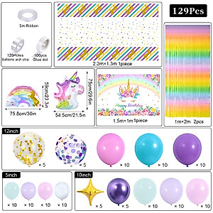 129Pcs Unicorn Theme Birthday Party Decorations Supplies For Girls,Rainbow Unicorn Balloon Garland Arch Kit With Unicorn Backdrop Tablecloth,Fringe Curtain Rainbow Gold Confetti Pink Purple Balloons