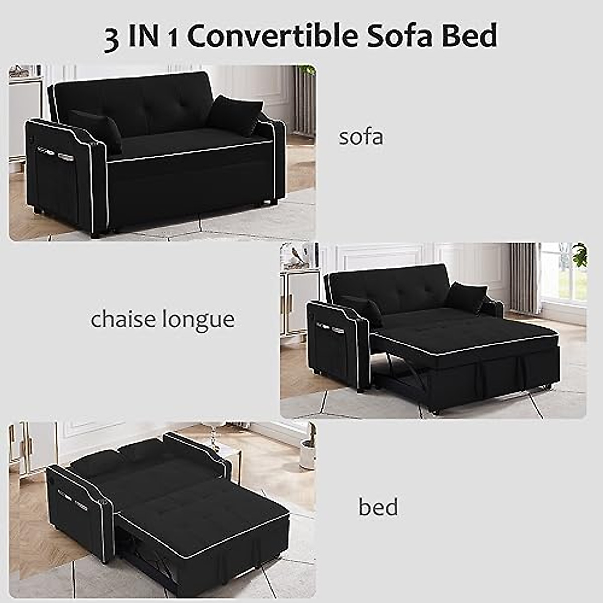 3 in 1 Convertible Sofa Bed with USB Ports, 55'' Velvet Comfy Loveseat Sleeper Sofa Couch With Cup Holders, Pull Out Couch Bed Sleeper Sofa with Storage, Living Room Furniture Set with Pillows (Black)
