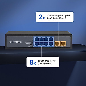 ONWOTE 8 Ports 120W(AC100-240V) Ethernet PoE Switch, 2 x Uplink Gigabit RJ45 Ports, Support 4K 8MP 5MP PoE IP Security Cameras, Add-on PoE Injector to PoE NVR System