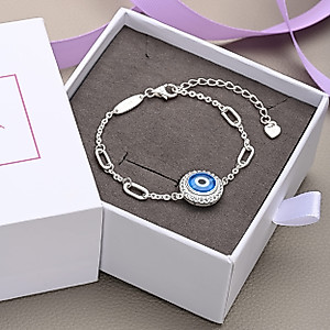 ELEGANZIA Greek Evil Eye Bracelet Turkey Sterling Silver, CZ Third Eye Bracelet for Women Men, Link Bracelet Amulet for Teen Adjustable 6.5" - 8"