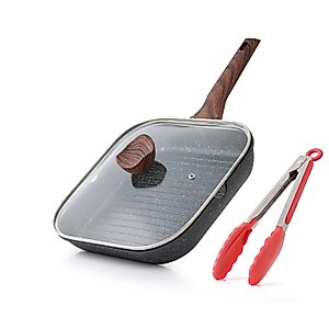 Kordisen Nonstick Grilling Pan with Lid for Stove Tops, 11 Inch Square Grill Pan for Indoor Cooking, Granite Coating Grill Skillet with Pour Spouts, Versatile Griddle, Induction Steak Pan, PFOA Free