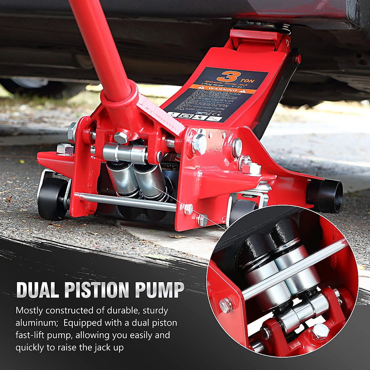 DNA MOTORING TOOLS-00235 Low Profile Hydraulic Trolley Service/Floor Jack, 3 Ton (6000 lbs) Capacity, Lifting Range 3"-20"