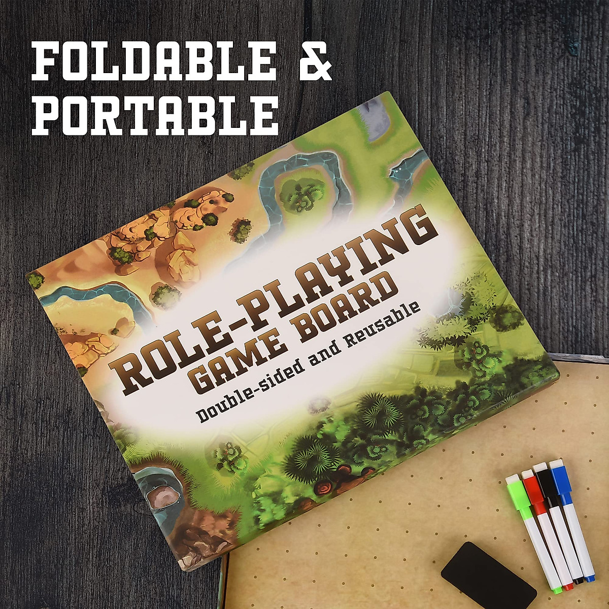 IMPRESA 27" x 23" Double Sided and Foldable Role Player Game Battle Grid Game Mat - for Dungeons and Dragons and Other RPGs - Double Sided - Includes Markers and Eraser