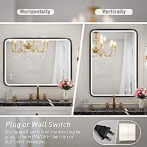 FTOTI 20X28 Inch LED Bathroom Mirror with Lights,Wall Mounted Lighted Mirrors with Non-Rusting Black Metal Frame Anti-Fog Memory Funtion Stepless Dimmable,6000K(Horizontal&Vertical)
