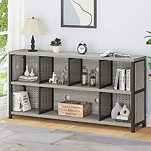 LVB Industrial 4 5 6 7 8 Cube Bookcase, Rustic Wood Metal Horizontal Bookshelf, Modern Wide Cube Organizer Storage Shelf, Large Long Low Book Shelf for Office Bedroom Living Room, Light Grey Oak 63 In