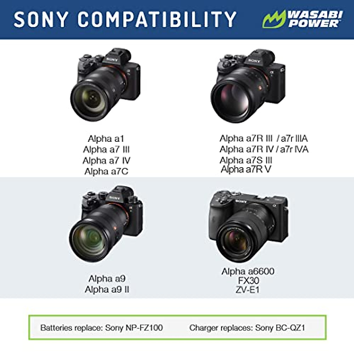 Wasabi Power NP-FZ100 Battery (2-Pack) and Charger for Sony FX3, a1, a9, a9 II, a7C, a7R III, a7R IV, a7S III, a7 III, a7 IV, a6600