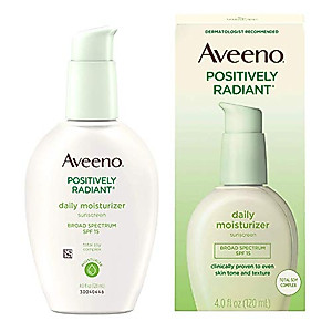 Aveeno Positively Radiant Daily Facial Moisturizer with Broad Spectrum SPF 15 Sunscreen & Total Soy Complex for Even Tone & Texture, Hypoallergenic, Oil-Free & Non-Comedogenic, 4 fl. oz