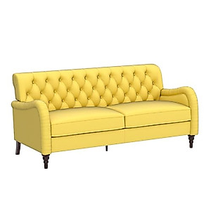 Melpomene Chesterfield-Styled 3 Seater Sofa Couch, Modern 72" Velvet Sofa with Button Tufting, Unique Arm and Wood Legs,Yellow