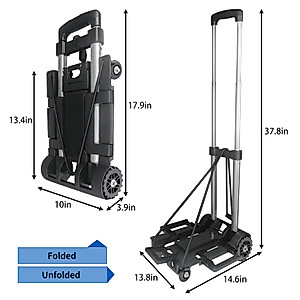APOXCON Folding Hand Truck, Lightweight Aluminum Luggage Cart with 4 Wheels & Adjustable Handle, 160 lbs Capacity Foldable Dolly Cart for Moving Home Office Shopping Travel Use, Compact and Portable