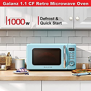Galanz GLR31TBEER Retro Compact Refrigerator, Mini Fridge with Dual Doors, 3.1 Cu FT, Blue & GLCMKZ11BER10 Retro Countertop Microwave Oven with Auto Cook & Reheat, Defrost, 1.1 cu ft, Blue