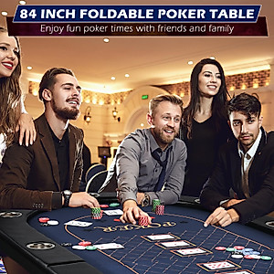 RayChee Poker Table Foldable for 10 Player, Folding Casino-Style Texas Hold'em Poker Table w/Faux Leather Padded Rails & Stainless Steel Cup Holders, Fully Assembled (Black, 84 inch)
