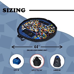 Lay-n-Go 4-in-1 Drawstring Toy Storage Organizer Mat - Durable Machine Washable Drawstring Bag for Lego & Other Toys - Easy-to-Clean Pull String Bag w/ 4 Mesh Pockets & Raised Lip (44”, Blue/Black)