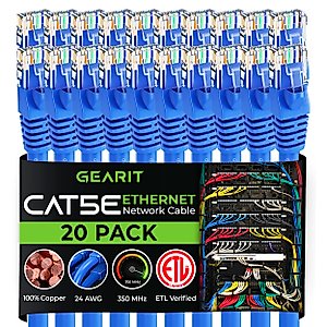 GearIT 20-Pack, Cat5e Ethernet Patch Cable 3 Feet - Snagless RJ45 Computer LAN Network Cord, Blue