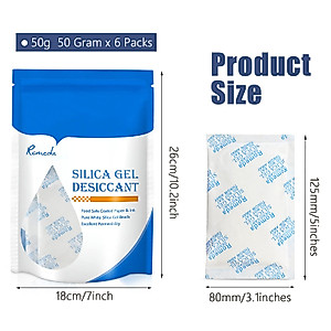 6 Pcs 50 Gram Silica Gel Packs, Transparent Desiccant, Desiccant Packets for Storage, Moisture Packs for Spices Jewelry Shoes Boxes Electronics Storage, Food Safe