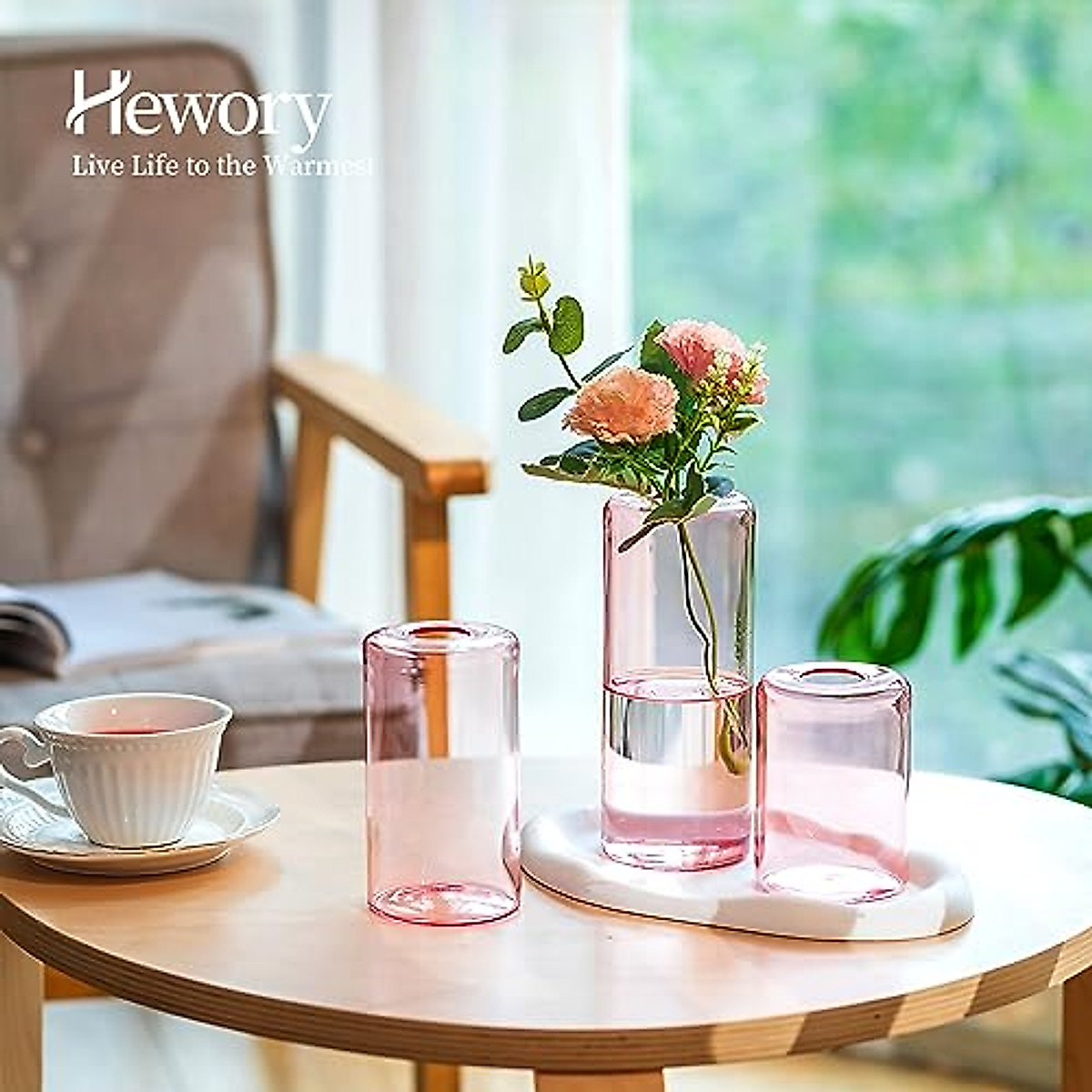 Small Glass Bud Vases for Centerpieces – Hewory 12pcs Pink Blown Single Flower Vases Bulk, Modern Mini Cylinder Vase Set for Wedding Anniversary Birthday Party Events Home Living Room Table Decor