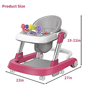(Rose-red) Baby Walker, 6-Gear Height Adjustable Foldable Baby Walkers and Activity Center, Baby Walker with Wheels, Infant Toddler Walker with Music Disk, Baby Walkers for Baby Boys and Girls
