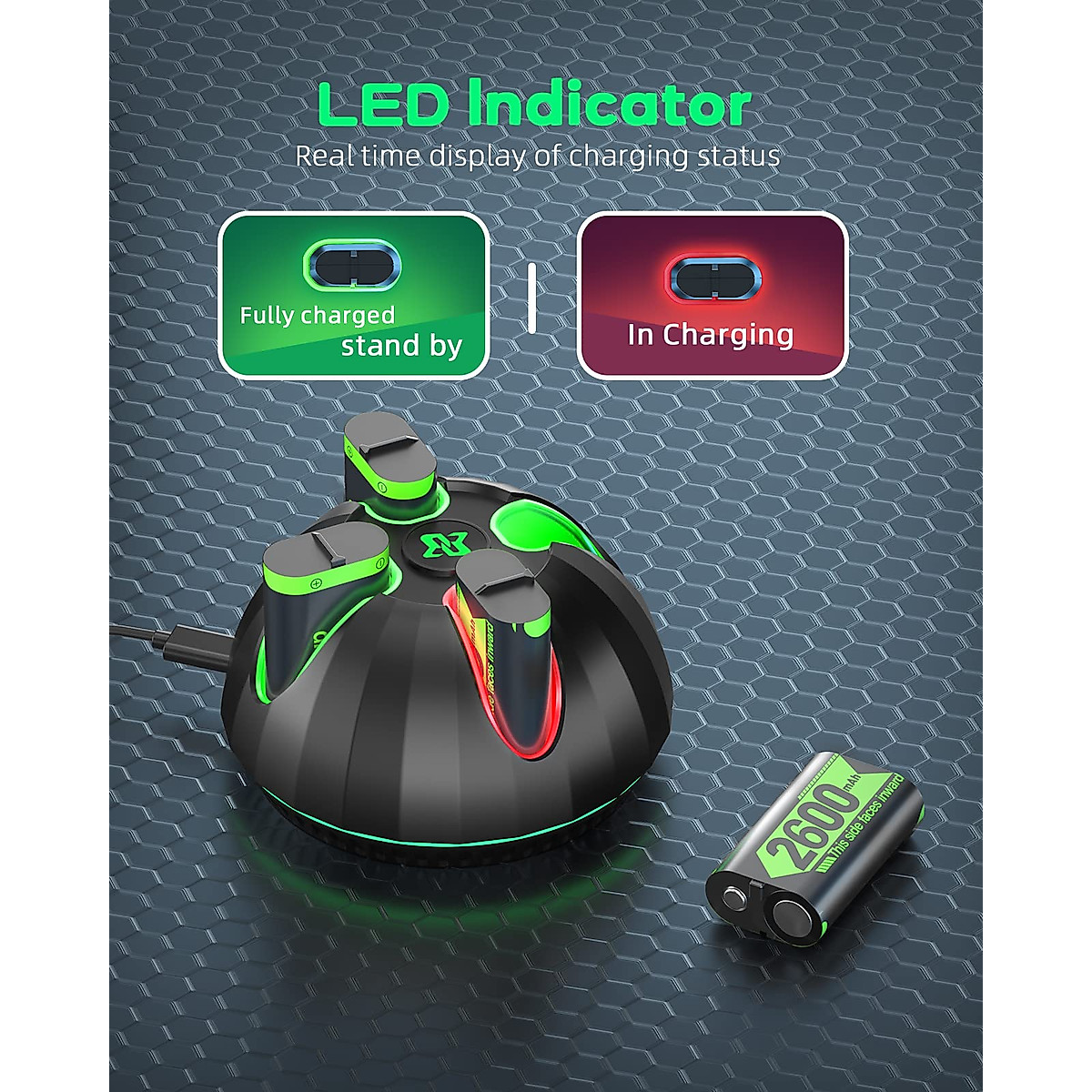 Rechargeable Battery Pack for Xbox Controller,4x2600mAh Batteries with Charger,Rechargeable Batteries Charger Station Compatible with Xbox Series X|S/Xbox One/Xbox One S/X/Elite Controller (4x2600mAh)