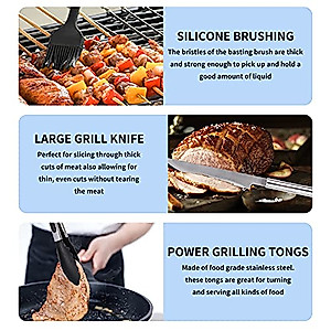 The Hungry Cook 6PCS 14" Standard BBQ Stainless-Steel Grilling Utensil Tools Set, Premium Grill Accessories Gift for Professional Barbecue- Spatula, Fork, Tongs, Knife, Cleaning Brush& Basting Brush