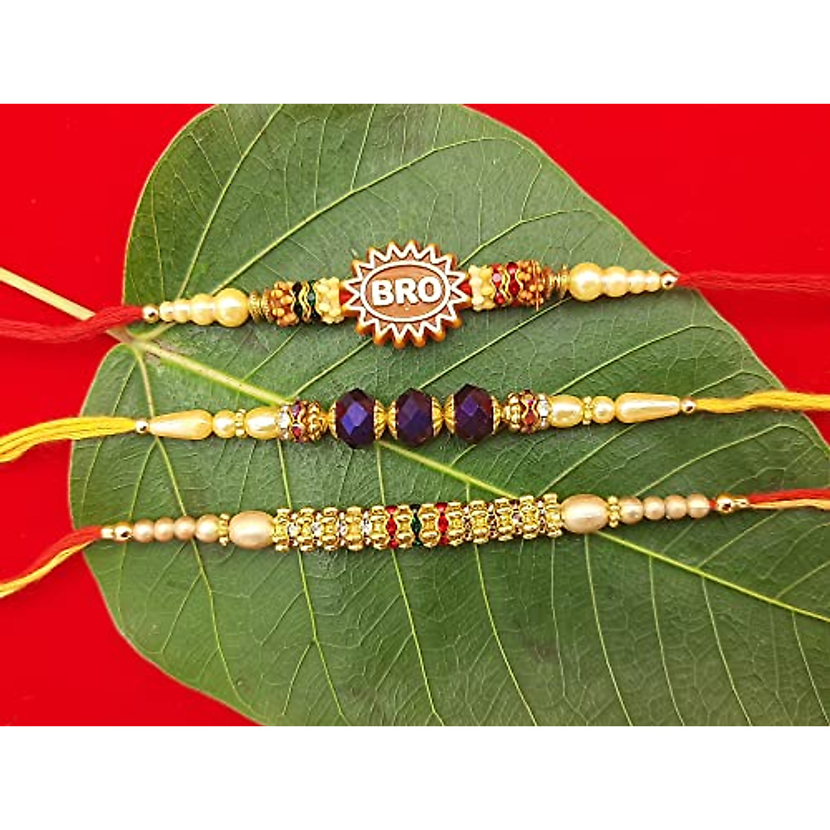 Palak Global Rakhi Bracelet for brother, Unique Design Bhabhi, Sister, Father and celebration with Family, Raksha Bandhan holy Rakhi. (Rakhi Bro Stone - Set of 3, Small) (PLK12)