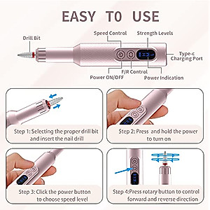 Ftrule Cordless Electric Nail Drill, Portable Professional Rechargeable Efile Nail File Machine with Nail Drill Bits, Sanding Bands for Acrylic Gel Nails, Manicure Pedicure Polishing, Pink