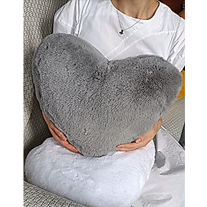 Vdoioe Heart Pillow Fluffy Grey Heart Shaped Throw Pillows Super Soft Faux Rabbit Fur Heart Throw Pillow Outdoor Indoor Decorative Pillows