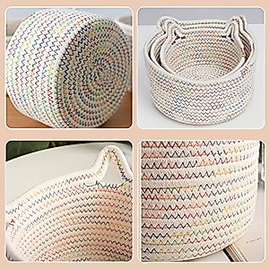 Hizibesty 3 Pack Cotton Rope Storage Baskets Bin Stackable Decorative Woven Basket with Cut Cat Ears Design for Clothes, Toy, Makeup, Books, Towels, Nursery