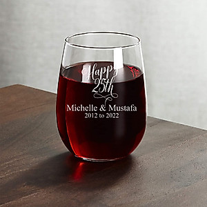 Krezy Case 25th Anniversary Couple wine glasses,20oz Etched Stemless Wine Glasses for Couples, Perfect Engagement Wine Glasses,Bridal shower Wine Glasses, Anniversary Wine Glasses