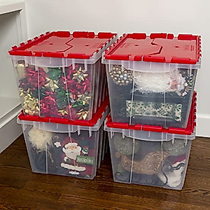 PRACHY 12 Gallon Plastic Stackable Storage Tote with Hinged Lid, 21-1/2" x 15" x 12-1/2", Clear/Red