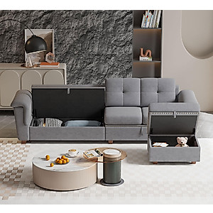 Jarenie Convertible Sectional Sofa, 4 Seat L Shaped Couch with Reversible Storage Chaise and Cupholder, Wooden Legs, Upholstered Fabric for Living Room, Apartment, Office (Light Grey)