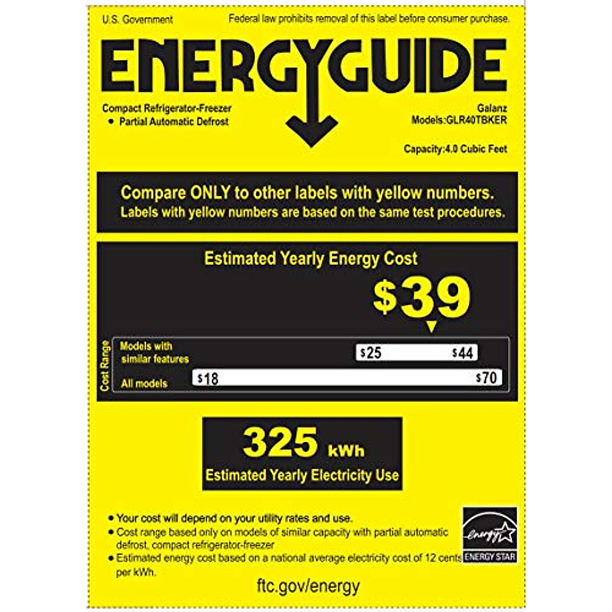 Galanz GLR40TBKER Retro Compact Refrigerator, Mini Fridge with Dual Doors, Adjustable Mechanical Thermostat with Freezer, 4.0 Cu Ft, Black