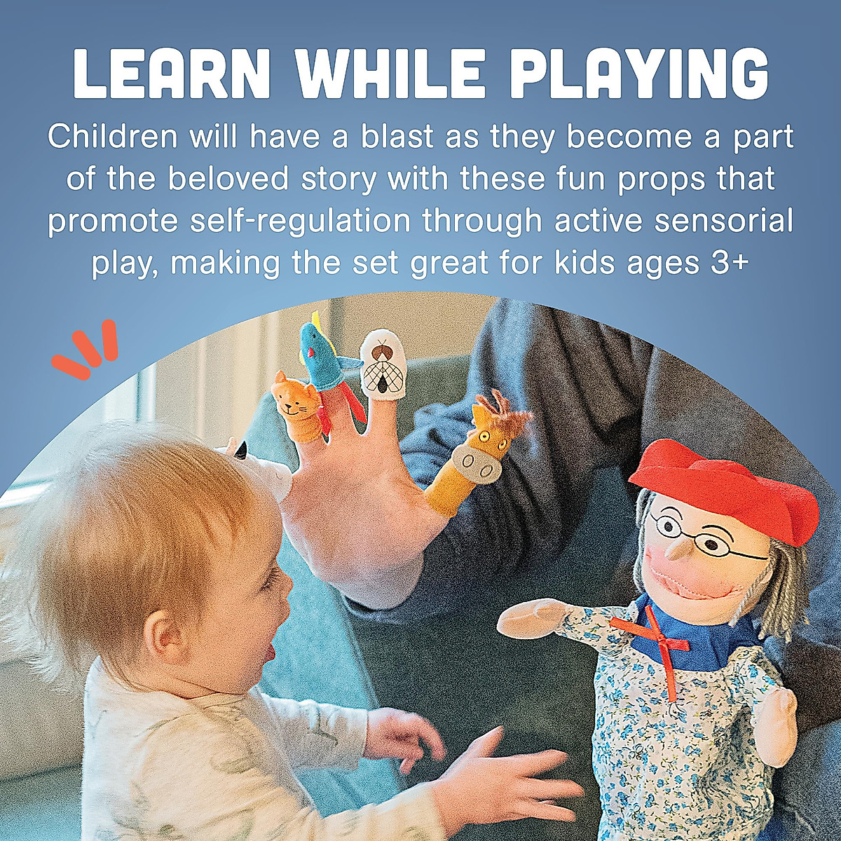 Constructive Playthings Plush "Old Lady" Doll and Animal Finger Puppet Props Set for "There Was An Old Lady Who Live Swallowed a Fly" Children's Book, For Kids Ages 3+