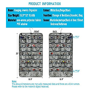 AARAINBOW Hanging Jewelry Organizer Dual-Sided Closet Accesoory Organizer with 80 Pockets Jewelry Hanger for Earrings, Necklaces, Rings on Closet, Wall, Door (Gray)
