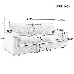 Modern Sofa with Removable Back and Seat Cushions ,Upholstered Comfy Sofa Couch with 2 Pillows,Small 3 Seater Loveseat Sofa for Living Room,Small Space,Bedroom,Apartment,Studio(White)