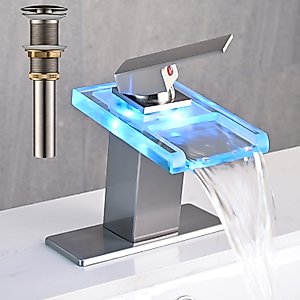 AVSIILE LED Bathroom Sink Faucet, Brushed Nickel Waterfall Single Hole Handle Vanity Faucets for Sinks 1 Hole with Metal Pop Up Drain and 2 Water Supply Lines, Open Glass Spout
