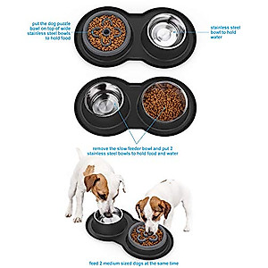 BurgeonNest Slow Feeder Dog Bowls,27oz 4-in-1 Food and Water Bowls with No-Spill and Non-Skid Silicone Mat, Stainless Steel Slow Down Eating Puzzle Bowl for Medium Small Sized Dogs