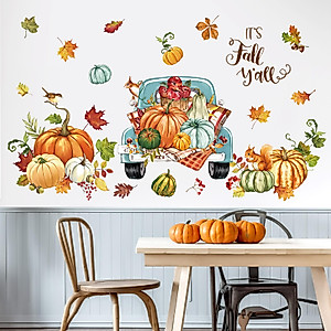 wondever Fall Thanksgiving Pumpkin Wall Stickers Autumn Leaves Truck Peel and Stick Wall Art Decals for Kitchen Dining Room Bedroom
