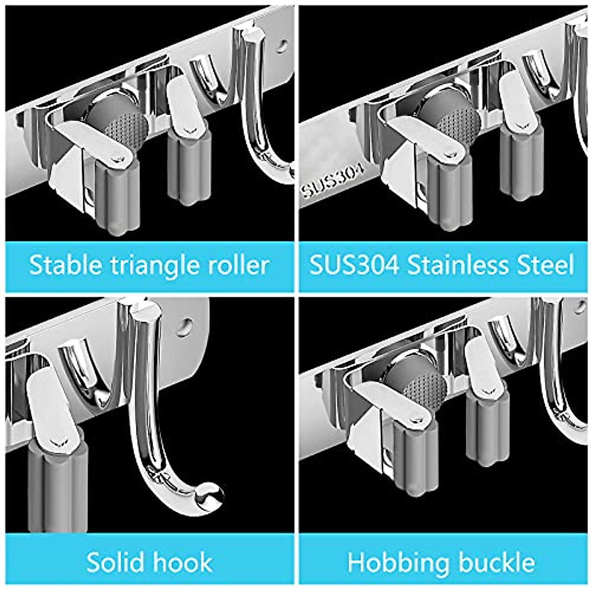 2 Pack Mop and Broom Holder, Broom Holder Wall Mount, Broom Organizer Wall Mount, Stainless Steel Broom Holder with 3 Racks and 4 Hooks, Mop Holder for Home Kitchen Office Garden Garage