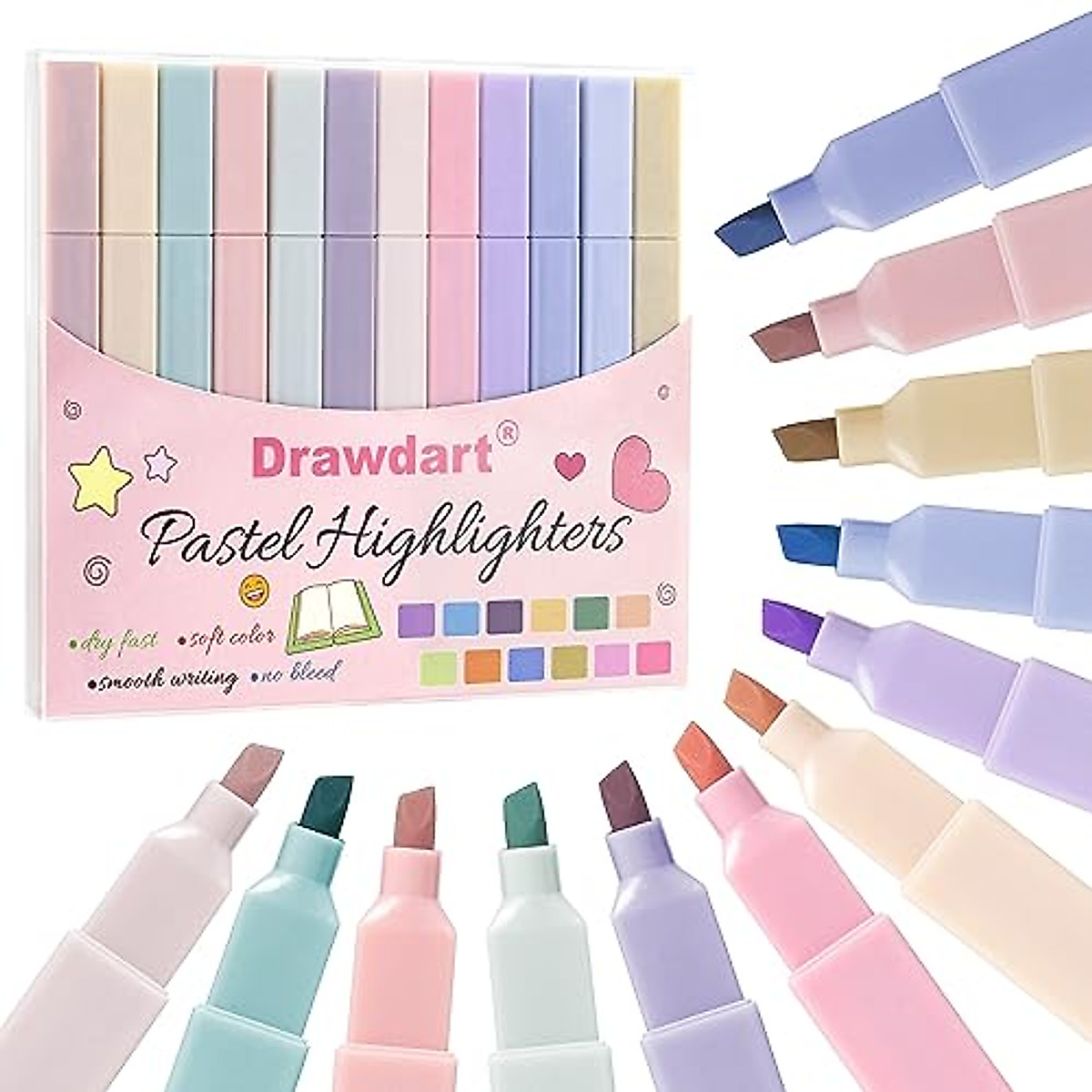 Drawdart Highlighters - Cute 12pcs Pastel Set for Study