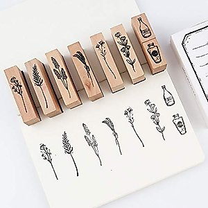 Dizdkizd 8 Pieces Vintage Wooden Rubber Stamps, Plant & Flower Decorative Mounted Rubber Stamp Set for DIY Craft, Letters Diary and Craft Scrapbooking